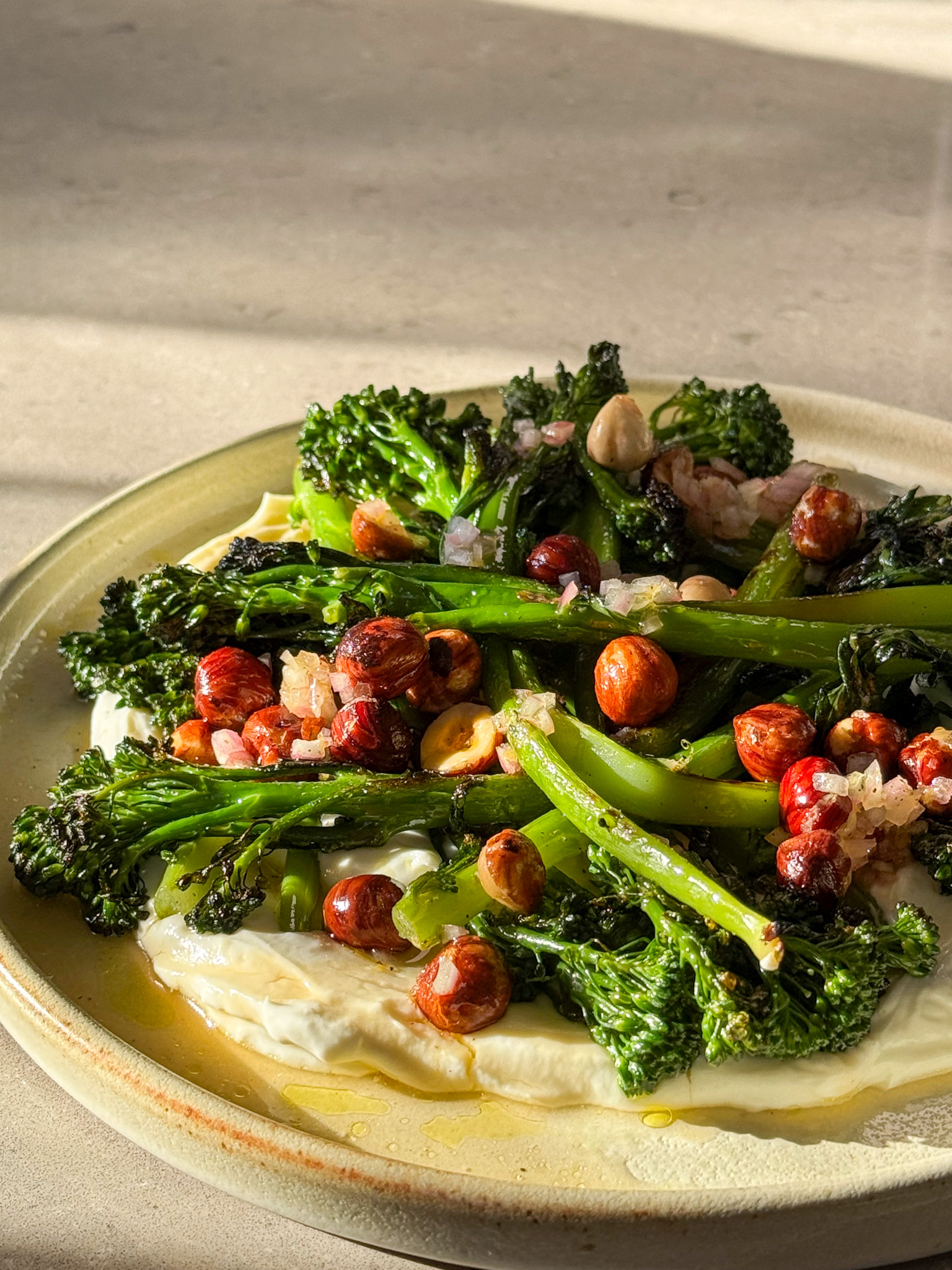 Charred Broccolini with Whipped Labneh, Hazelnut Vinaigrette and Hot ...